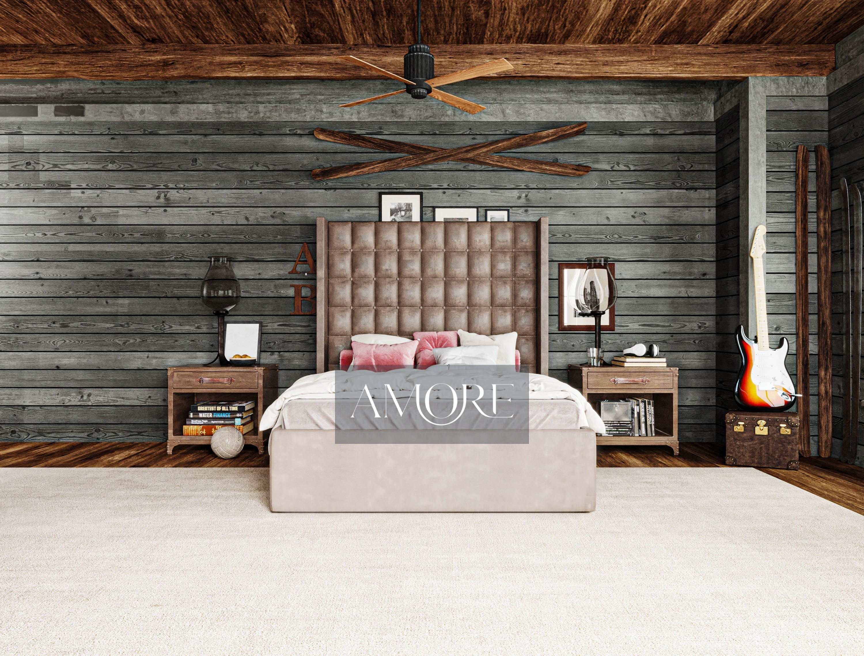 Isabelle Tall Headboard Winged Cube Design Bed | Amore